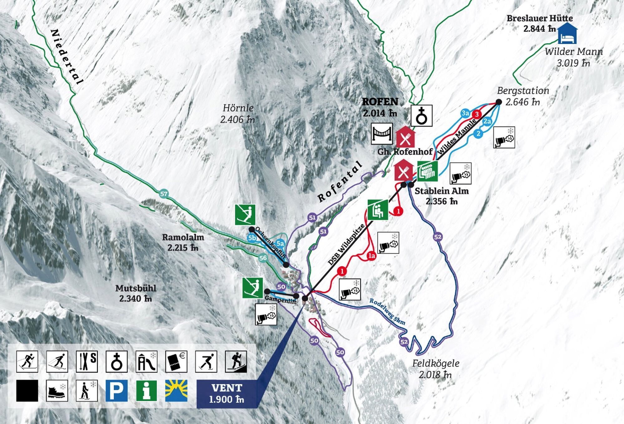 Pistekaart Vent - skigebied met 15km piste in Oostenrijk