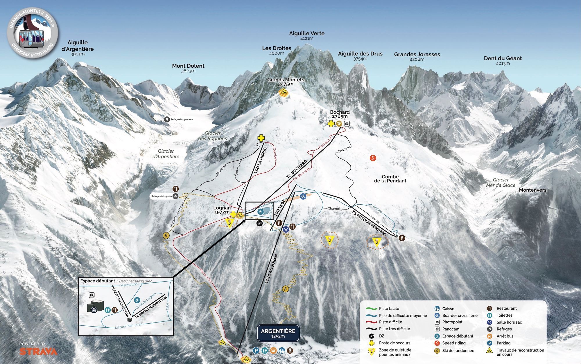 Pistekaart Chamonix Mont Blanc - skigebied met 172km piste in Frankrijk