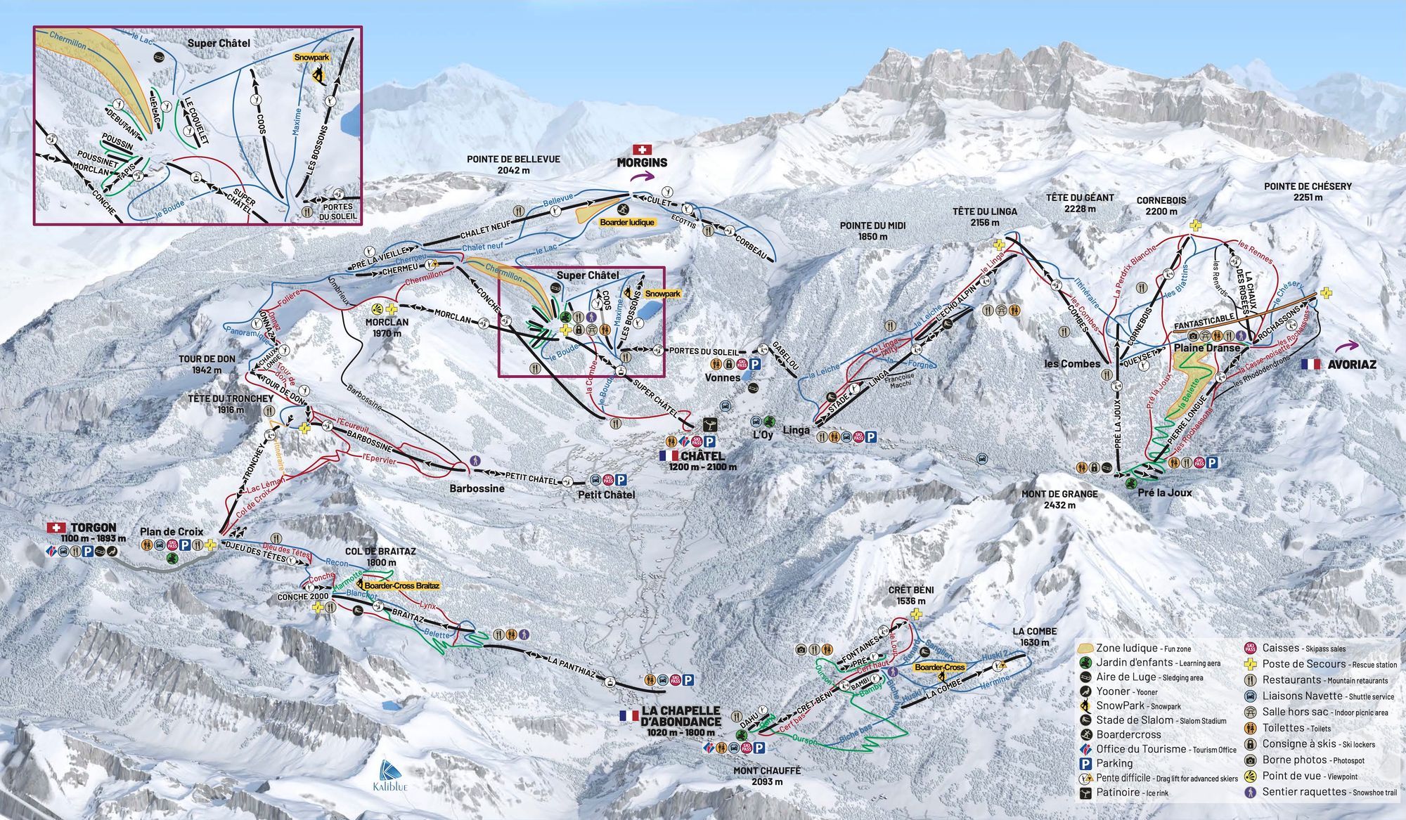 Pistekaart Châtel - wintersport dorp met 580km piste in Frankrijk